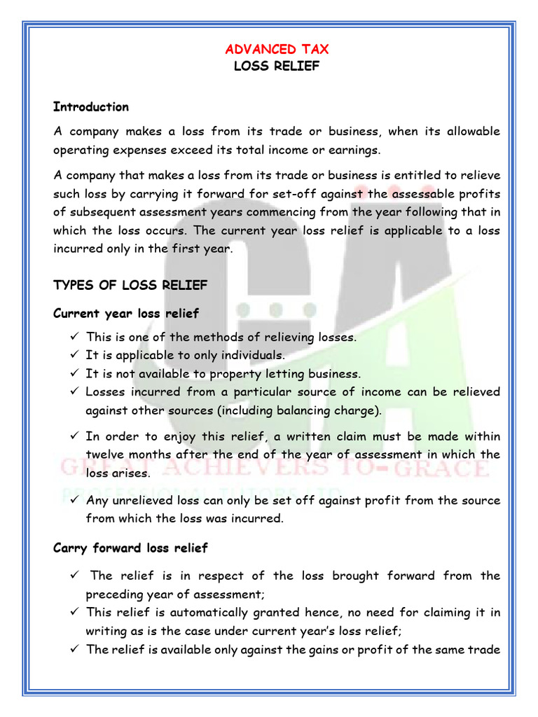 Loss Relief Notes May Diet 2025 | PDF | Tax Deduction | Business