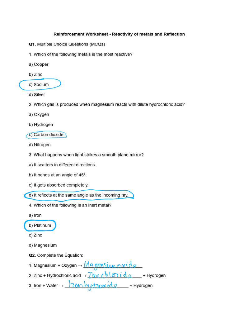 Reinforcement Worksheet - Reactivity of Metals and Reflection Q1 | PDF