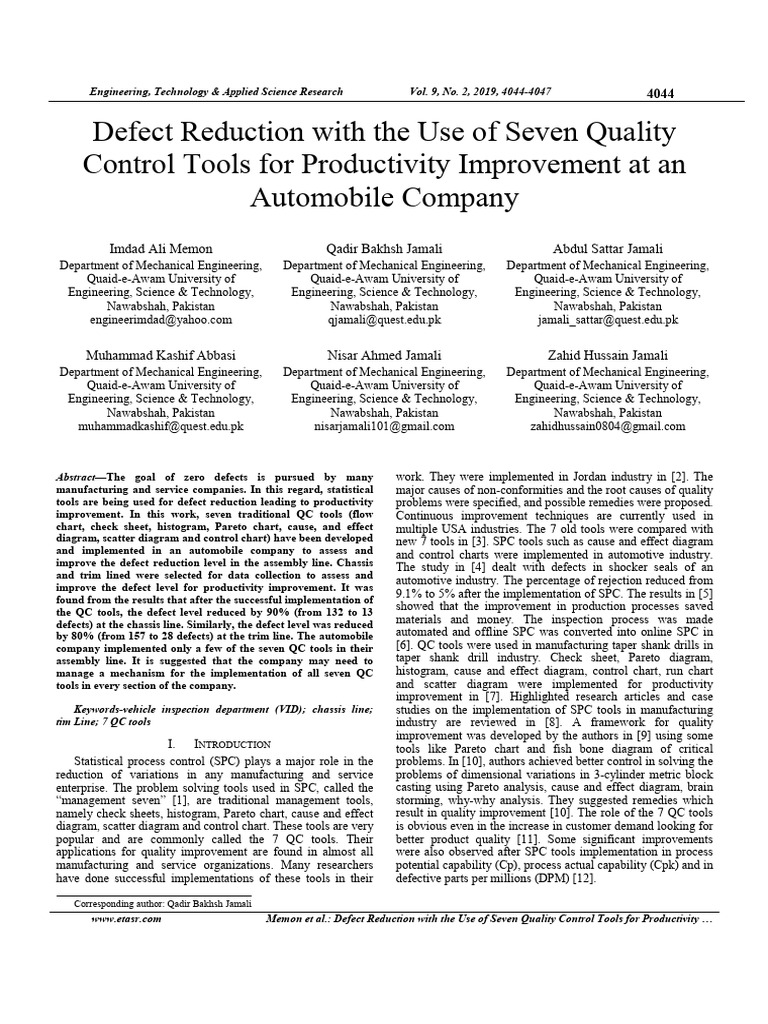 Defect Reduction in Auto Assembly Using QC Tools | PDF