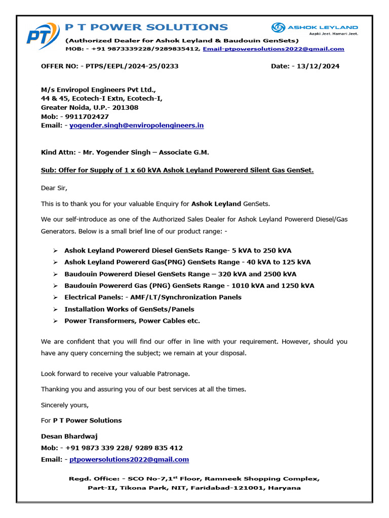 Gas Genset Ashoka Leyland-PT Solutions | PDF | Engines | Power (Physics)