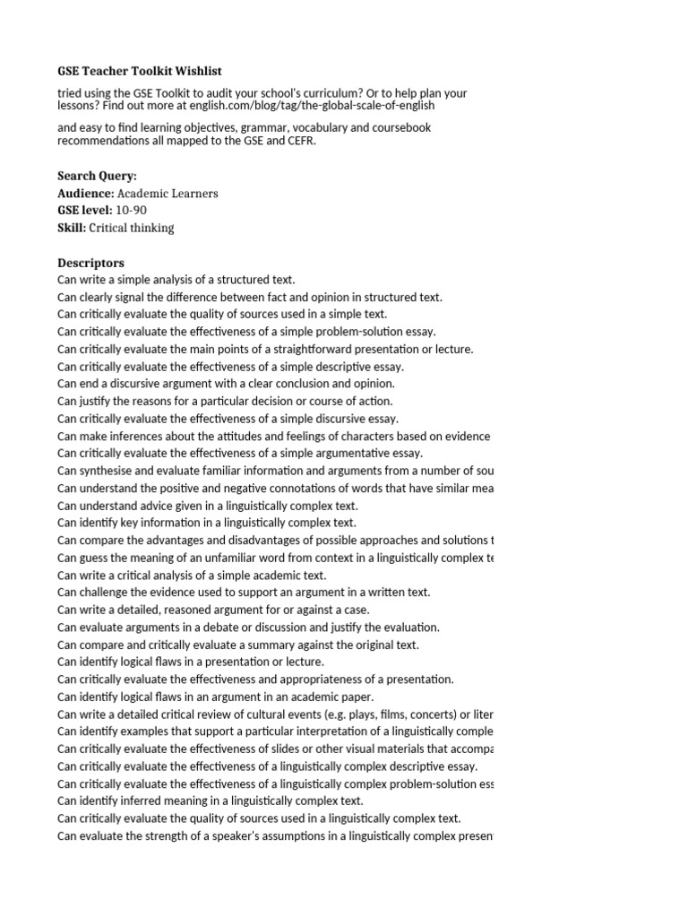 Academic Learners 10-90 Critical Thinking: GSE Teacher Toolkit Wishlist ...