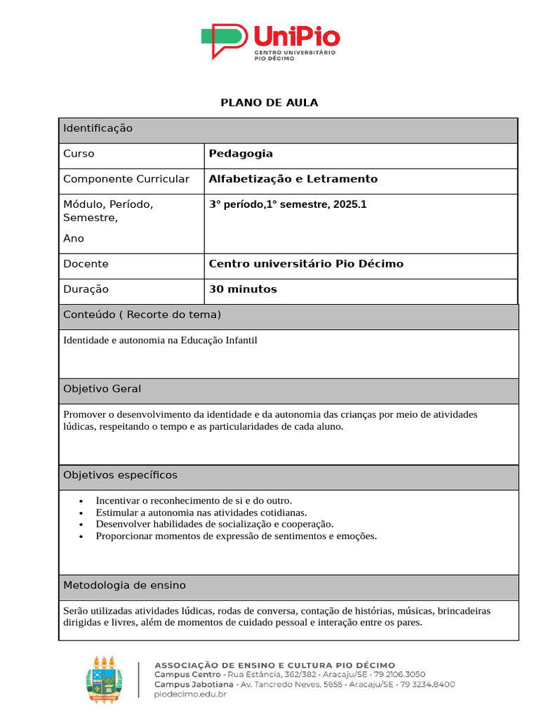 Timbrado - UniPio - A4 Plano de Aula | PDF