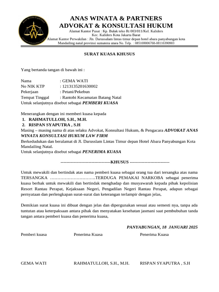 Anas Winata Surat Kuasa | PDF