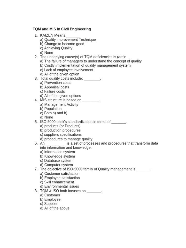 TQM and MIS Overview in Civil Engineering | PDF | Quality Management ...