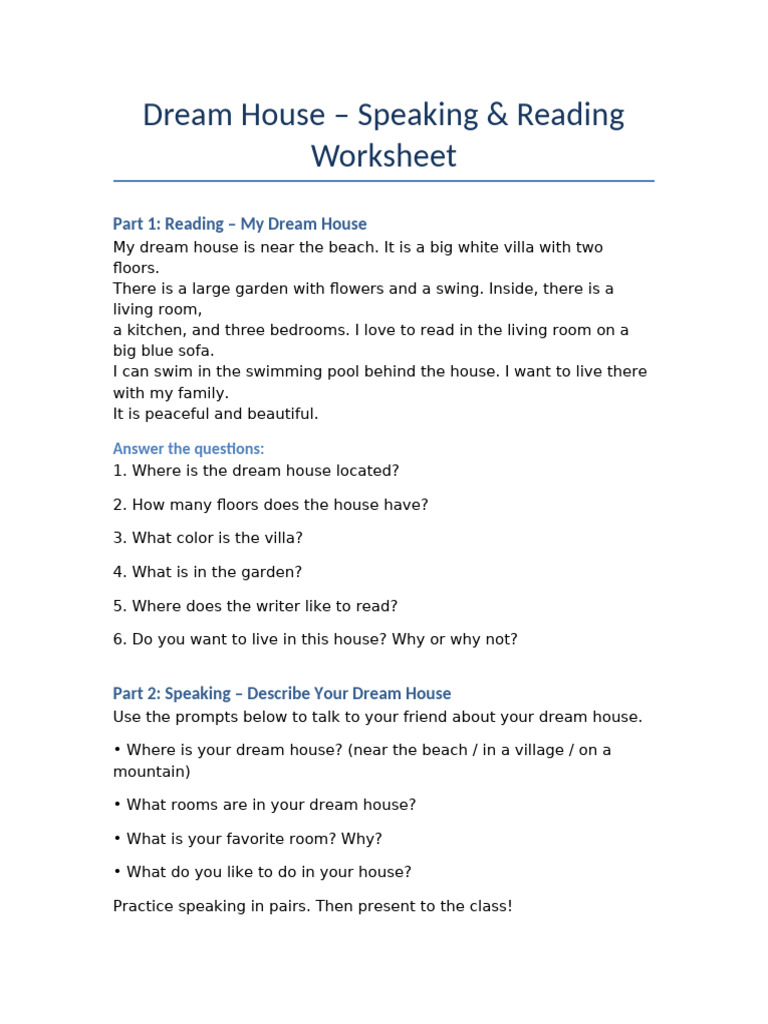 Dream House Speaking and Reading Worksheet | PDF