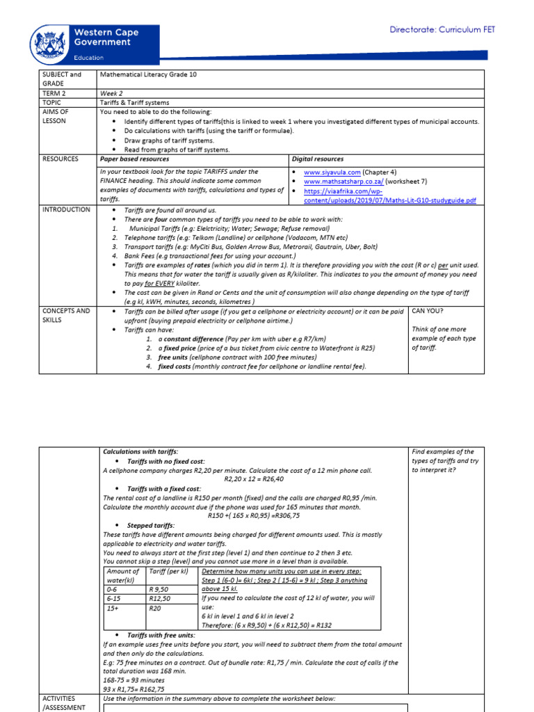 FET T2 Week 2 Grade 10 Mathematical Literacy Tariffs - Tariff Systems ...