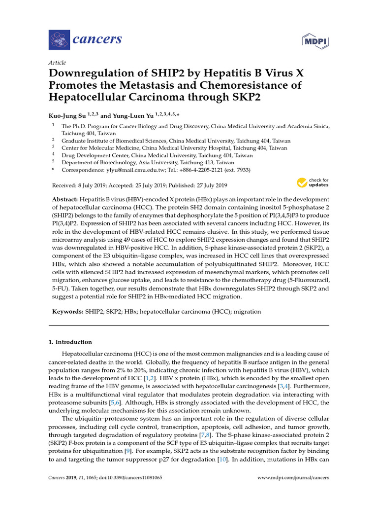 Downregulation of SHIP2 by Hepatitis B Virus X Promotes The Metastasis ...
