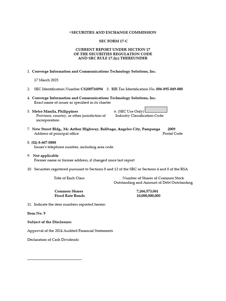 SEC Form 17-C - CONVERGE - Approval of 2024 AFS and Declaration of Cash ...