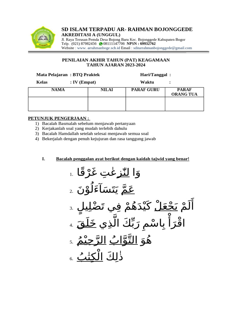 PAT Keagamaan Kelas IV SDIT Ar-Rahman | PDF