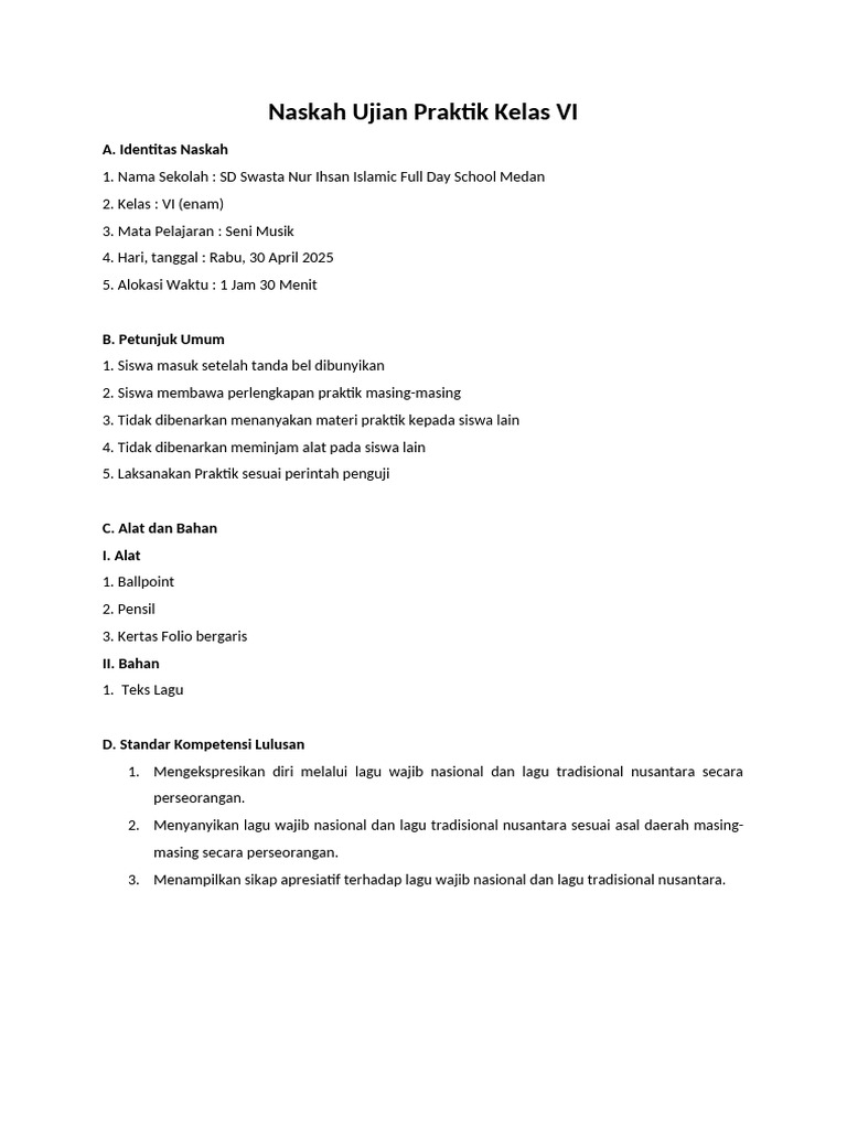 Naskah Ujian Praktek Seni Musik Kelas 6 | PDF
