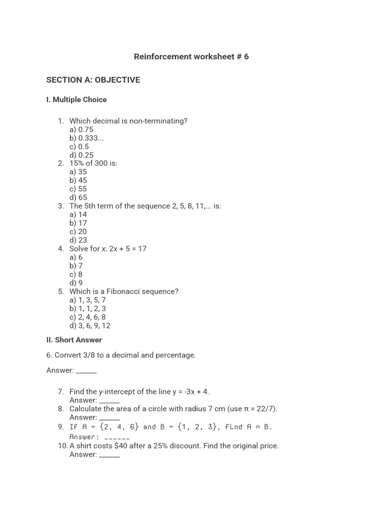 Reinforcement Worksheet # 6 | PDF