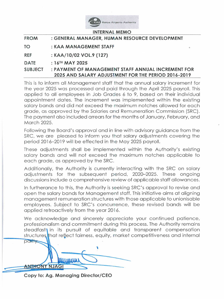INTERNAL MEMO - Payment of Management Staff Annual Increment For 2025 ...