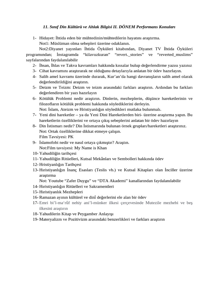 Proje-Performans Konuları - Örnek Etkinlikler | PDF