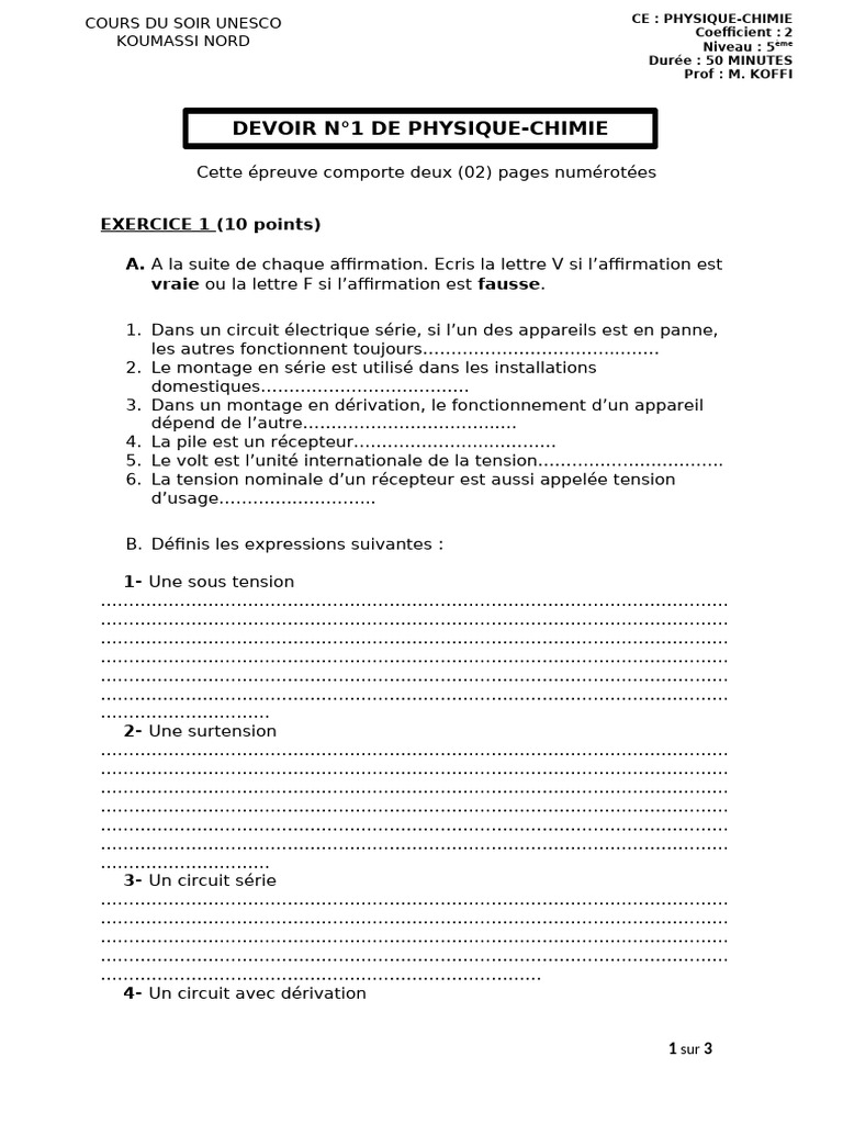 Devoir de Classe 5eme PC Nouveau | PDF