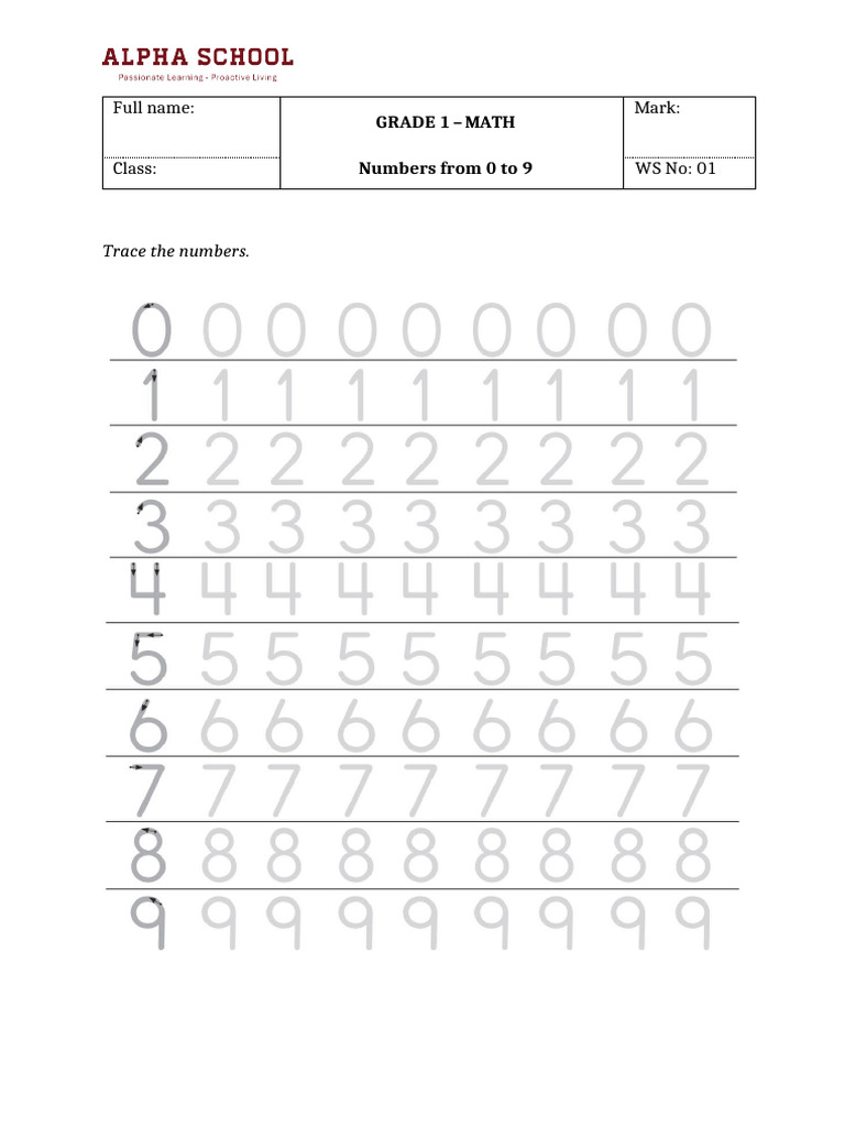 Tracing Numbers 0 to 9 Worksheet | PDF