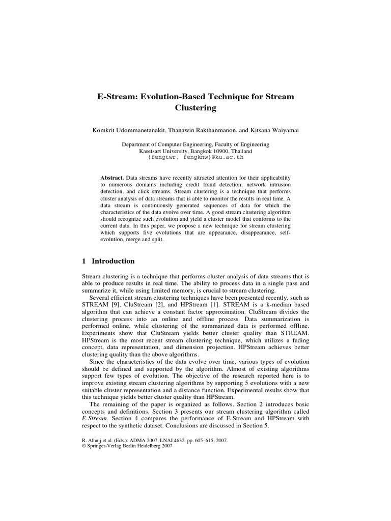LNAI 4632 - E-Stream - Evolution-Based Technique For Stream Clustering | PDF | Cluster Analysis ...