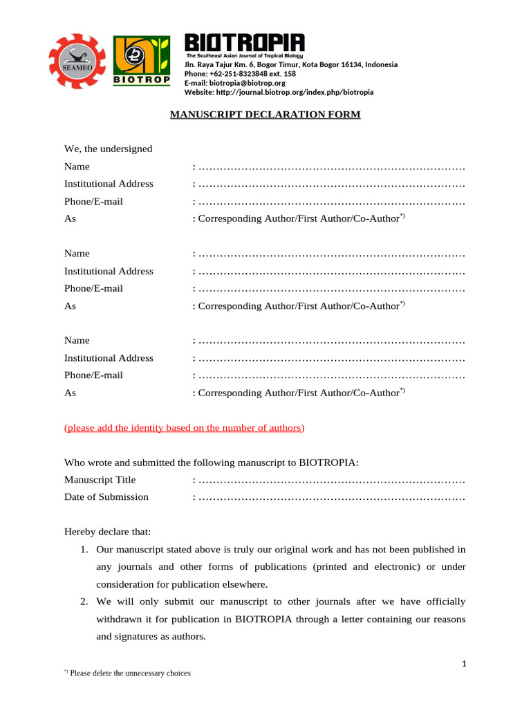 Manuscript Declaration Form for BIOTROPIA | PDF | Plagiarism | Human ...
