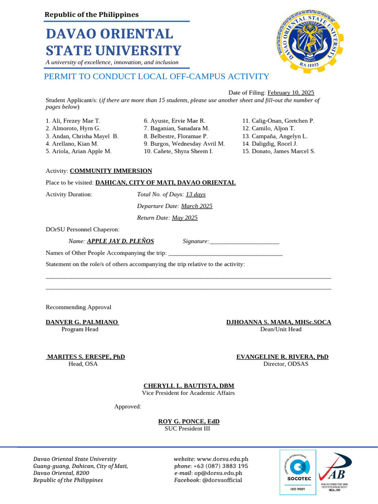 5 Permit To Off Campus Activity BA1L I | PDF