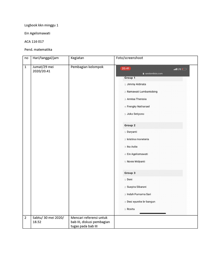 Logbook kkn minggu 1 | PDF
