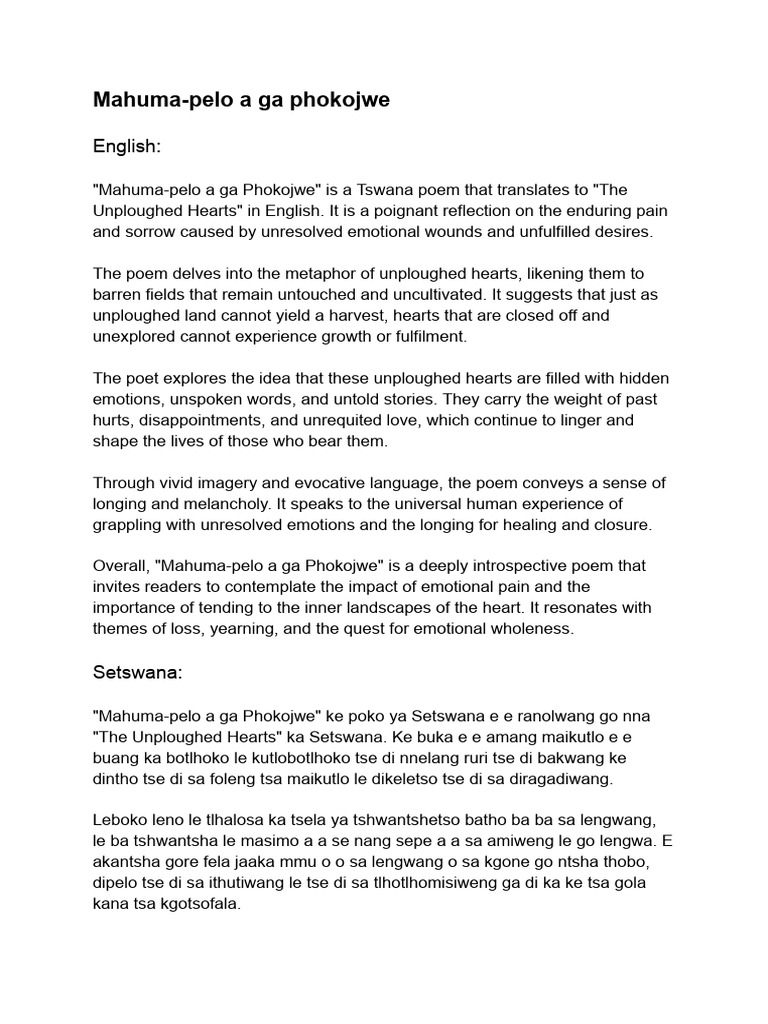 Mahuma-Pelo A Ga Phokojwe Summary | PDF