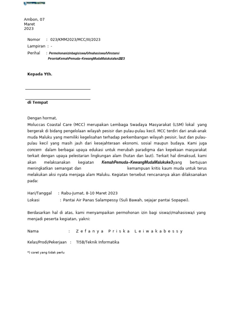 Surat Permohonan Izin Peserta KMM 2023 | PDF