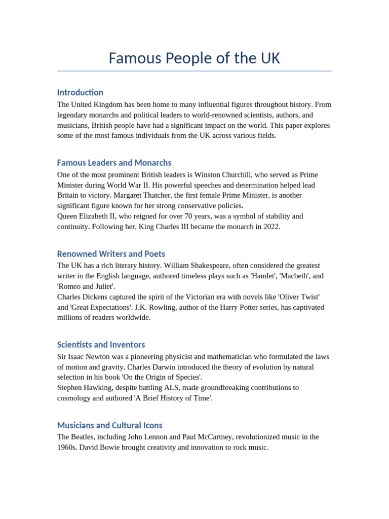 Famous People of The UK | PDF | United Kingdom