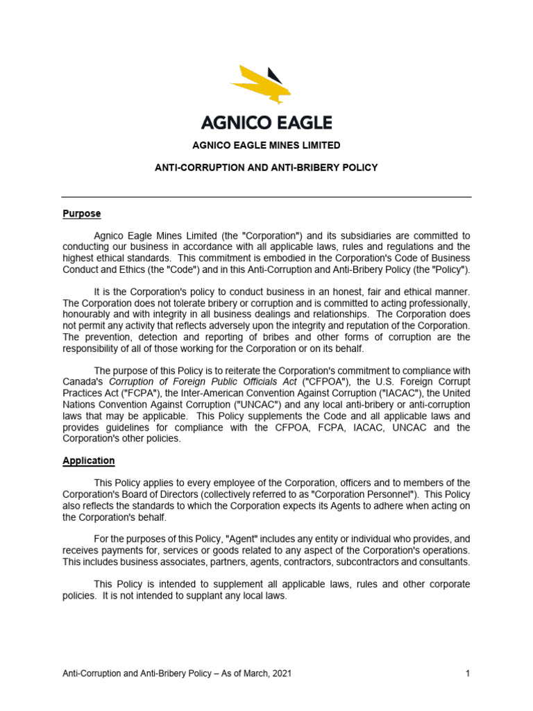 Agnico Anti Corruption and Anti Bribery Policy | PDF | Bribery | Corruption