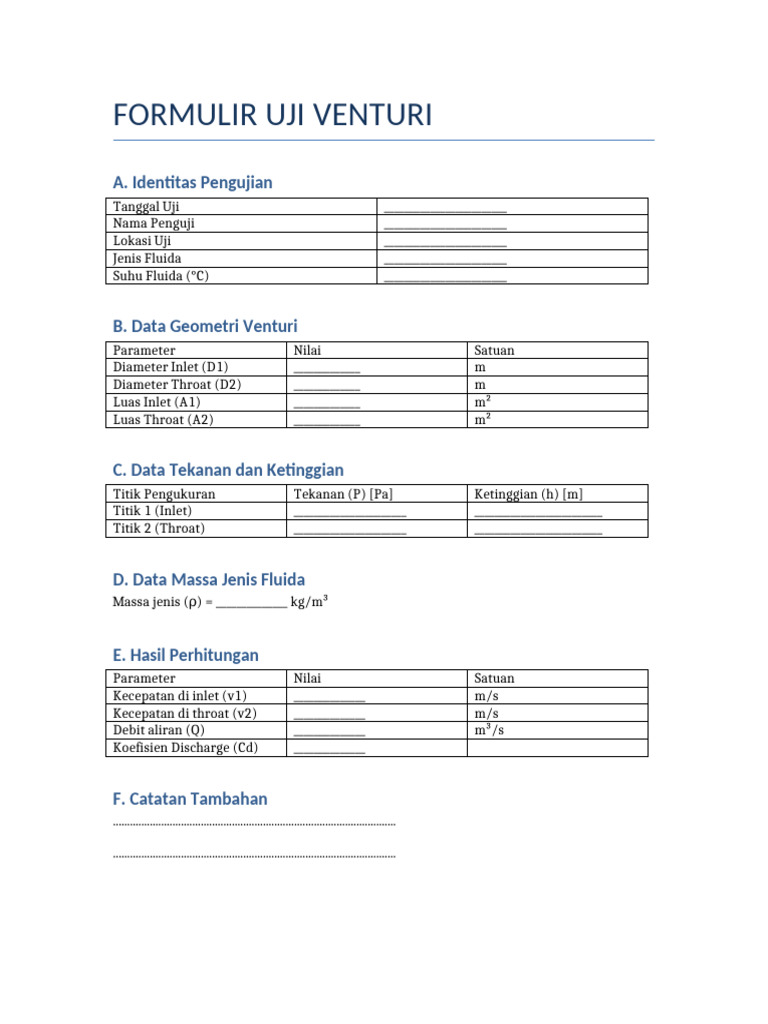 Formulir Uji Venturi Lengkap | PDF