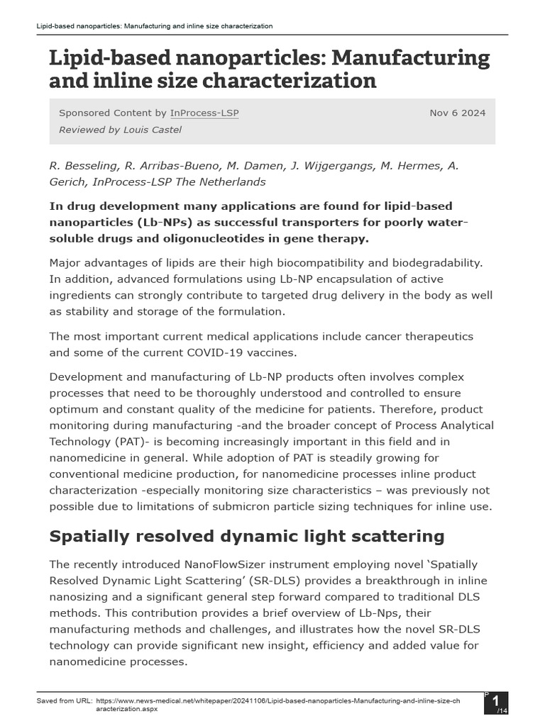 Lipid Based Nanoparticles Manufacturing and Inline Size ...