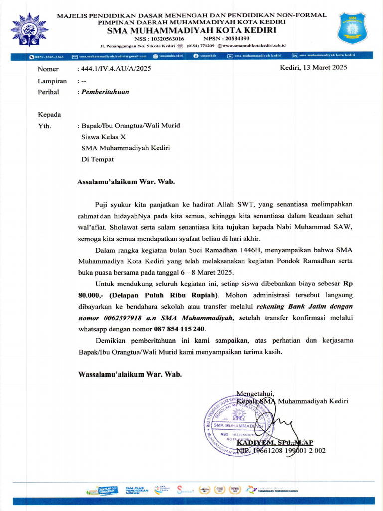 Edaran Pondok Ramadhan Kelas X | PDF