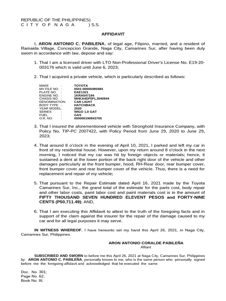 Affidavit For Insurance Claim - Aron Antonio Pabilena | PDF | Affidavit | Automotive Industry
