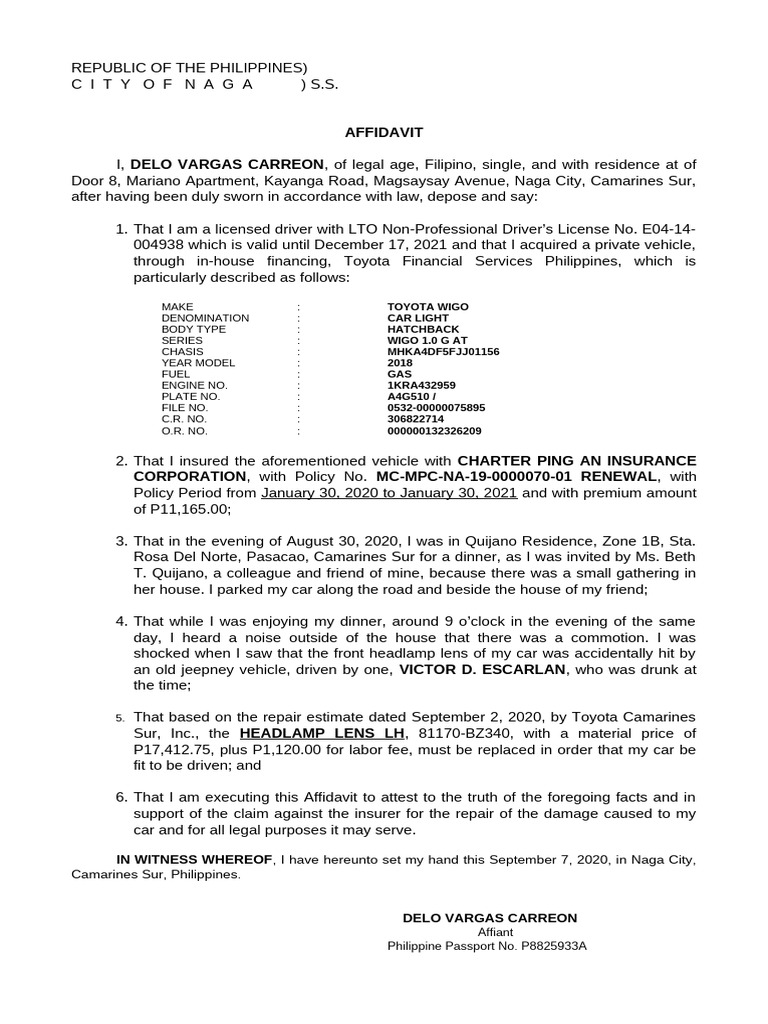 Affidavit For Insurance Claim - Delo Vargas Carreon August 30, 2020 ...