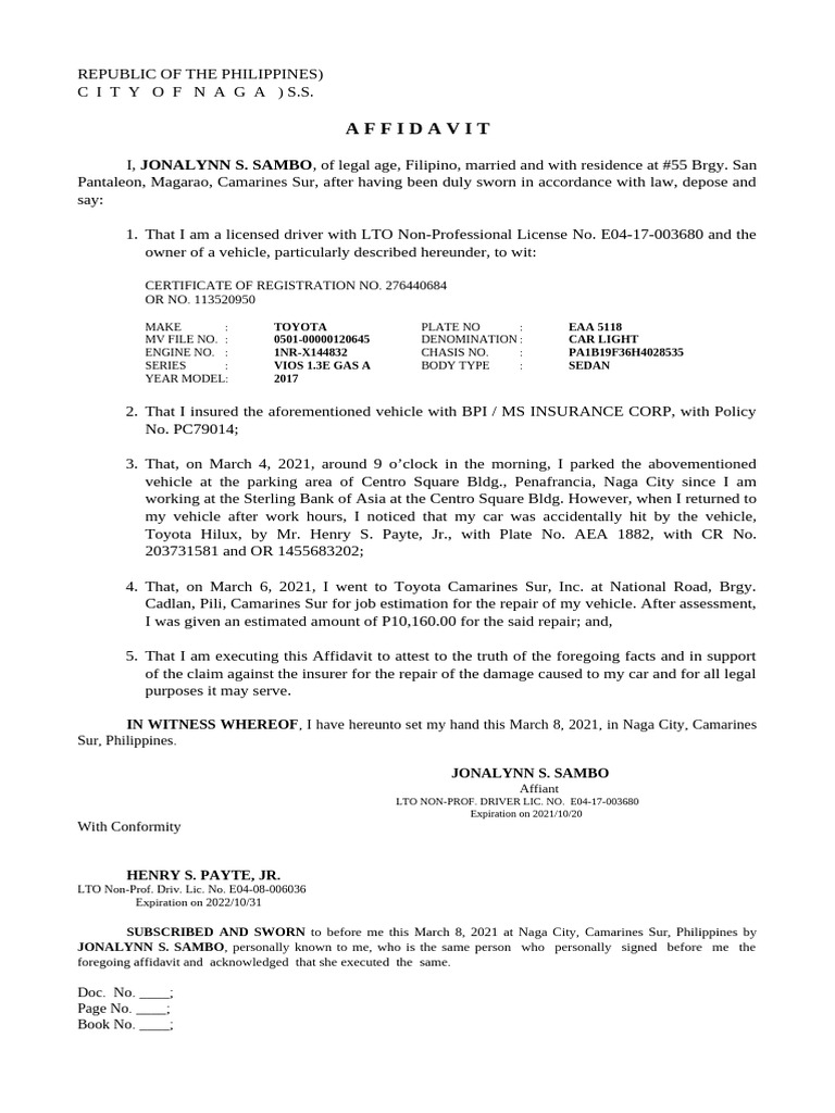 Affidavit For Insurance Claim - Jonalynn Sambo | PDF | Affidavit | Vehicles