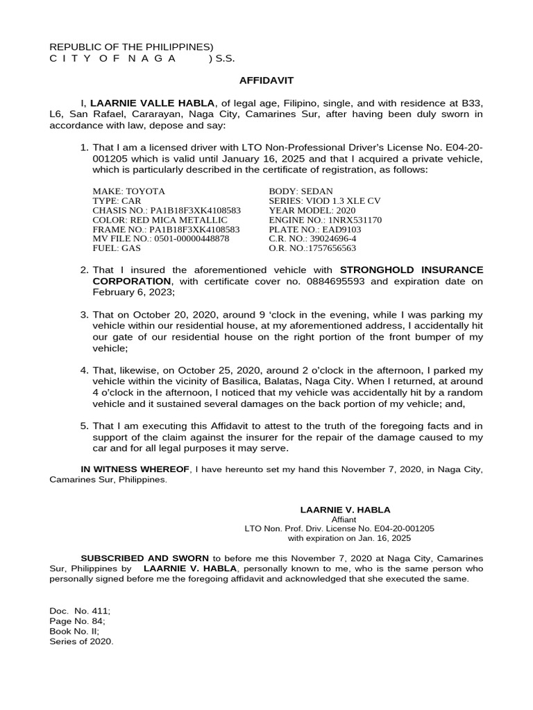 Affidavit For Insurance Claim - Laarnie V. Habla | PDF | Affidavit | Land Vehicles
