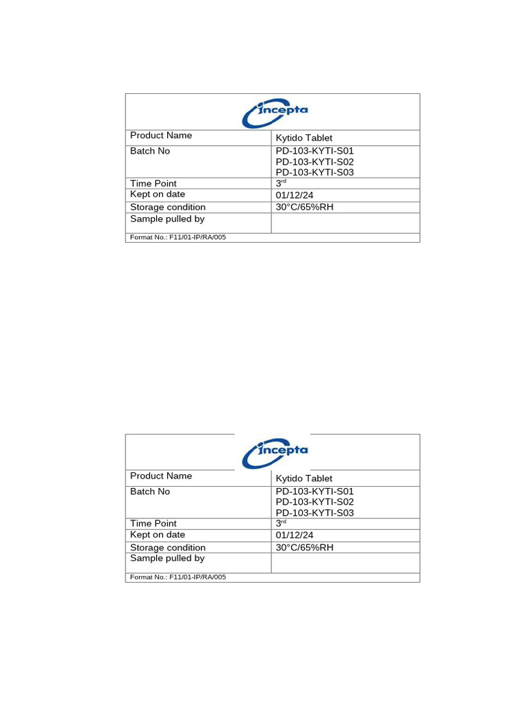 Format of Label for Keeping Sample in Stability Chamber | PDF
