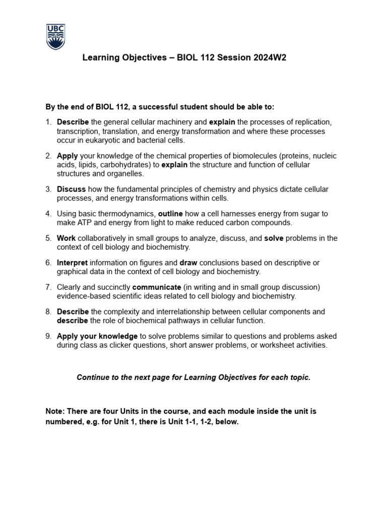 Learning Objectives - 2024W2 | PDF | Cellular Respiration | Rna