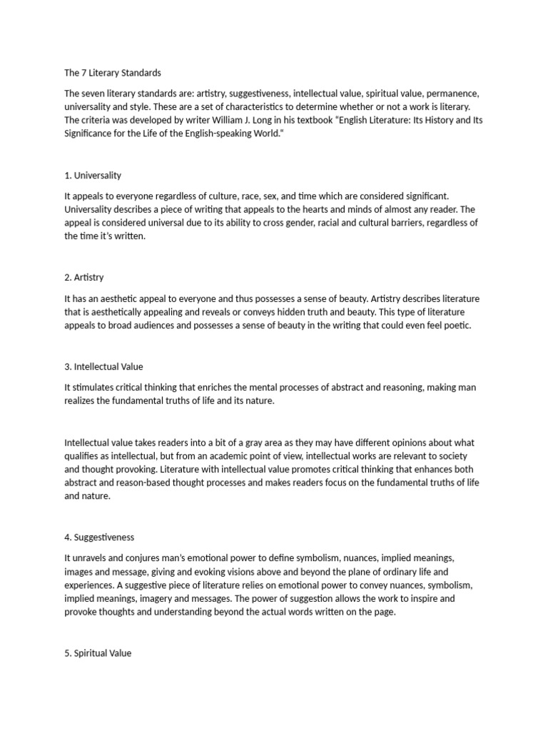 The 7 Literary Standards | PDF | Thought | Aesthetics