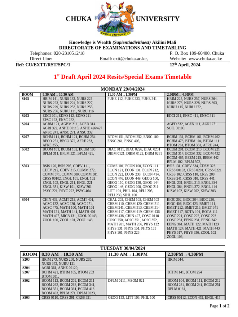 1st Draft April 2024 Resits Timetable | PDF