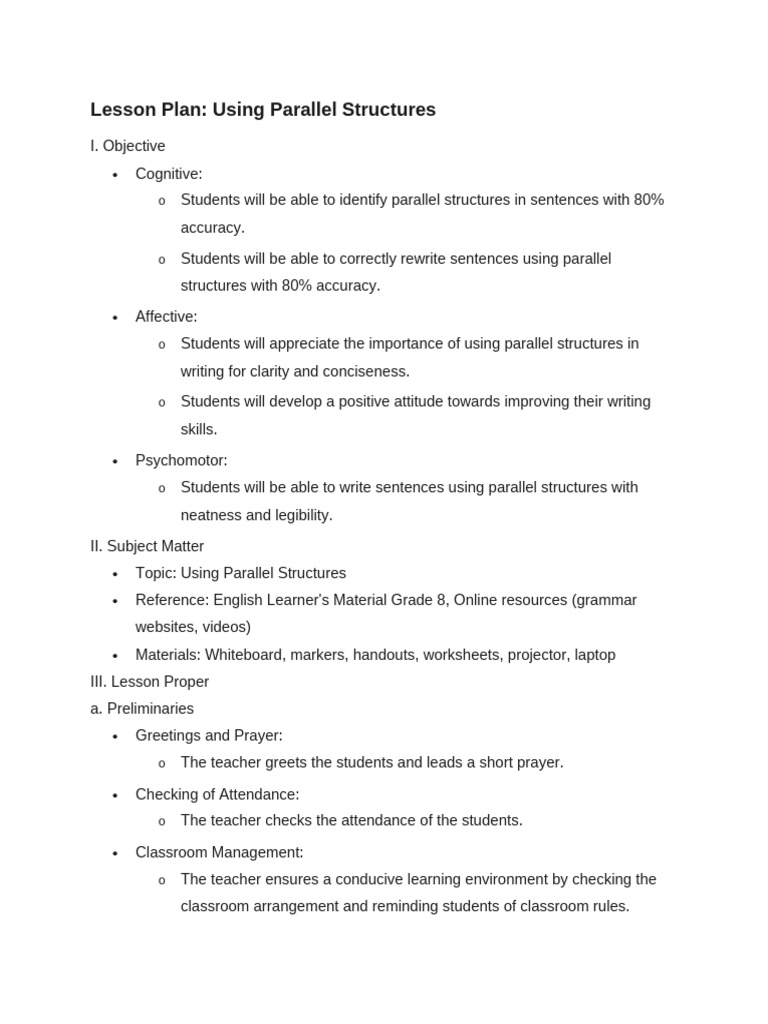 Lesson Plan On Parallel Structures | PDF | English Grammar | Adverb