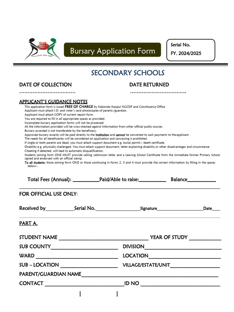 Kabondo Kasipul NG CDF Secondary Bursary Form | PDF
