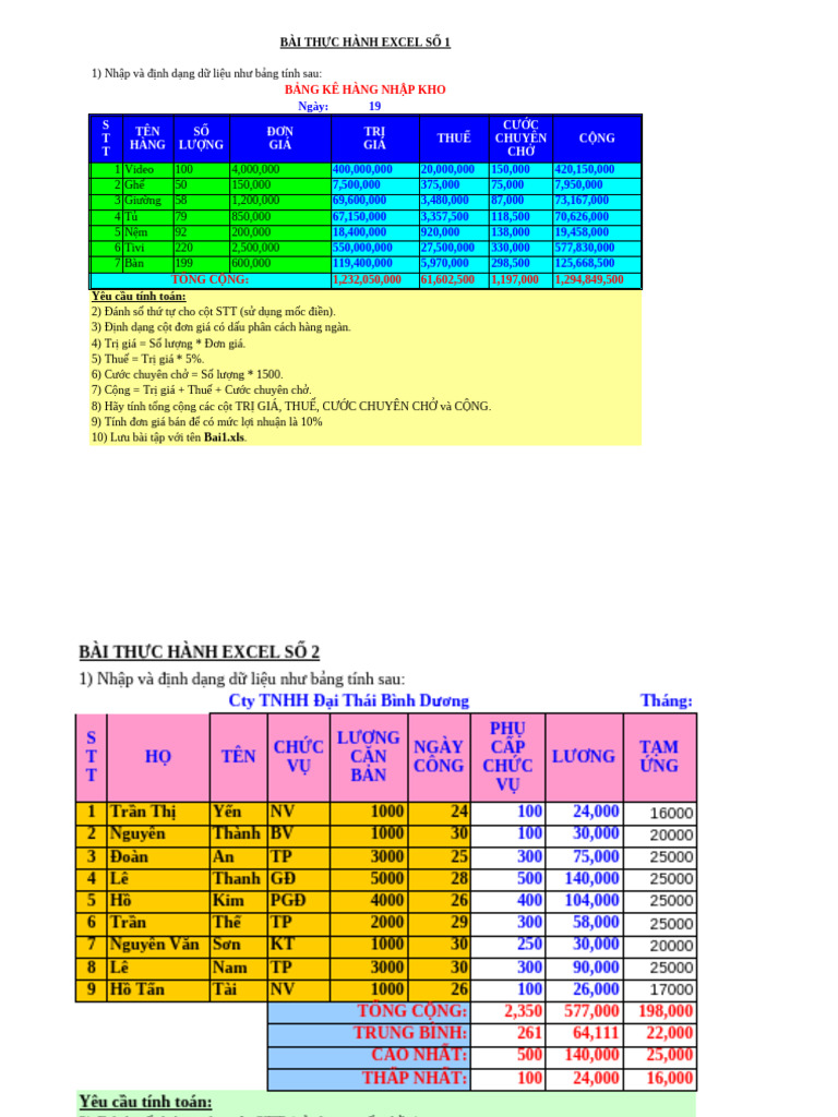 Bai TH Excel | PDF