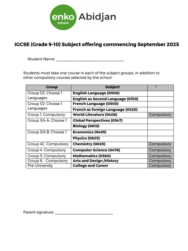 Grade 9-10 Subject choices 2025-2026 | PDF | Learning | English Language