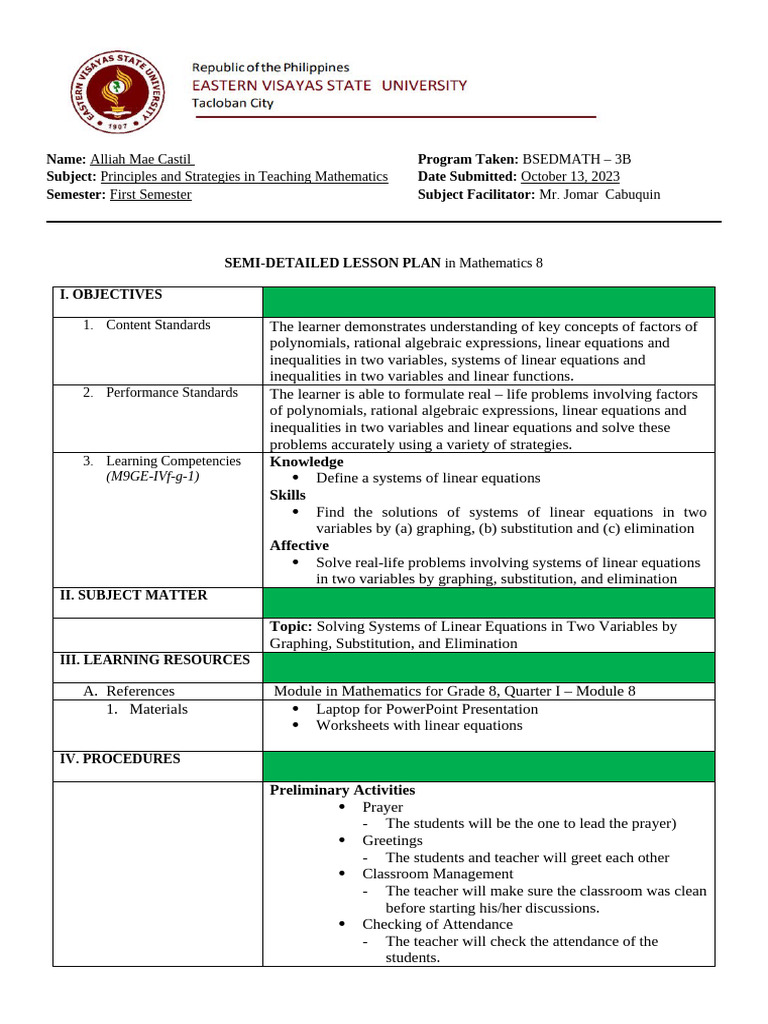Castil - 4a's - Solving Problems Involving Systems of Linear Equation ...