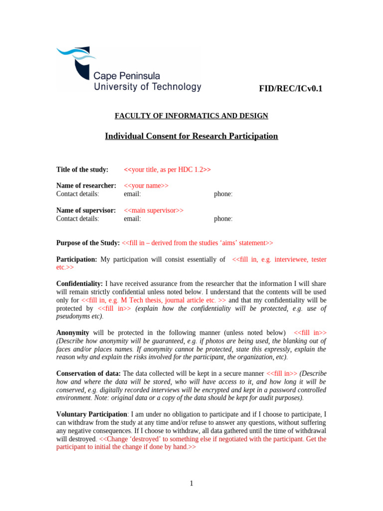 14 Consent Template -2020 - FID REC | PDF | Anonymity | Privacy