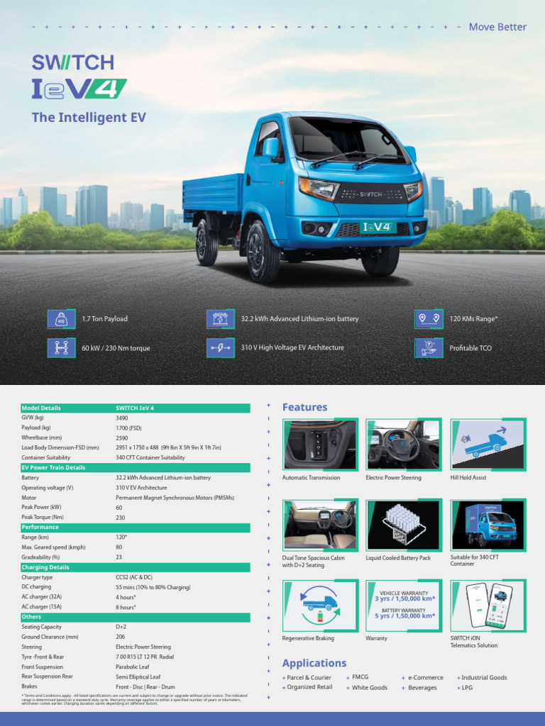 Switch Mobility Iev 4 Brochure | PDF | Battery Charger | Electric Vehicle