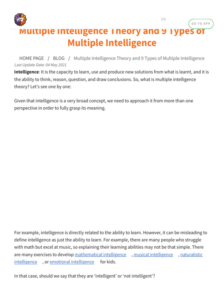 Types of Multiple Intelligences - Gardner's Theory - MentalUP | PDF | Intelligence | Cognitive ...