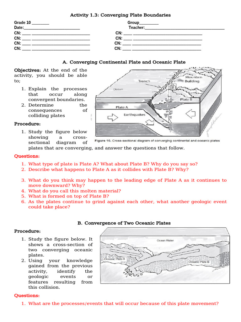 Activity 1.3 Converging Plate Boundaries | PDF | Plate Tectonics | Geophysics