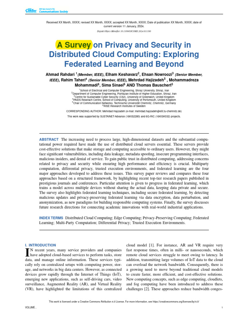 A Survey On Privacy and Security in Distributed Cloud Computing Exploring Federated Learning and ...