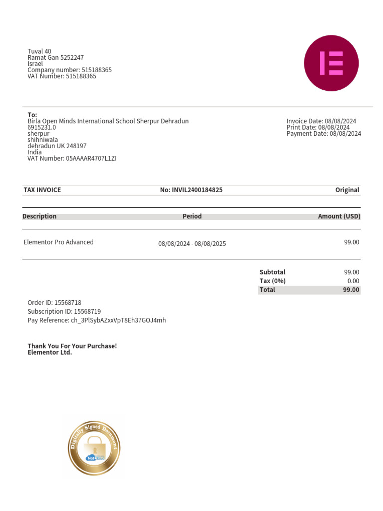 Elementor Pro Invoice for Birla School | PDF