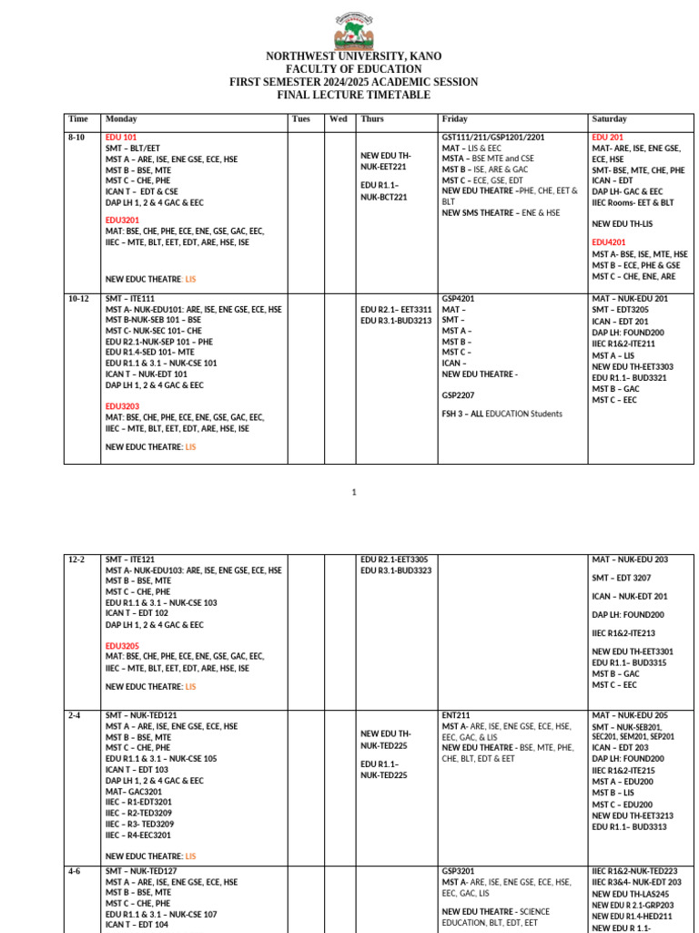 Faculty of Education First Semester Timetable 2024 - 2025 | PDF